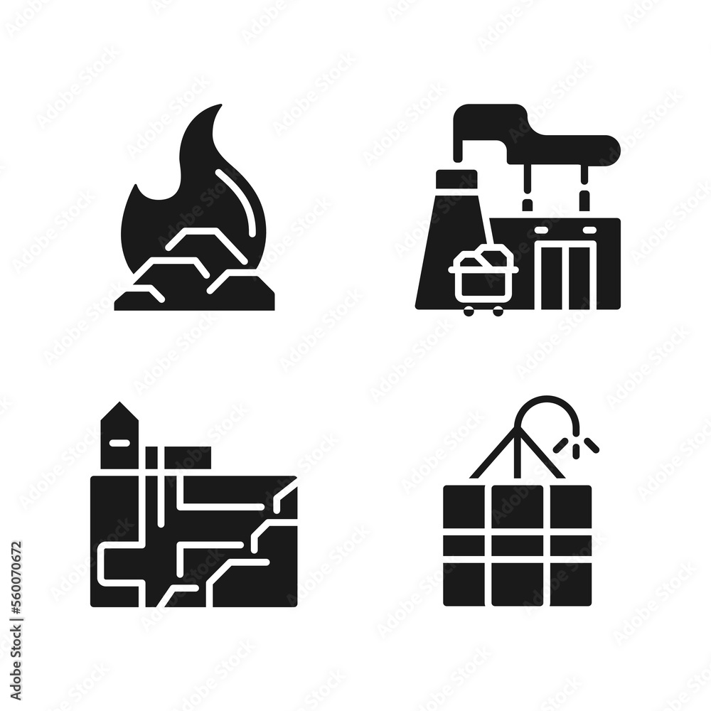 Coal processing black glyph icons set on white space. Fossil fuel power ...