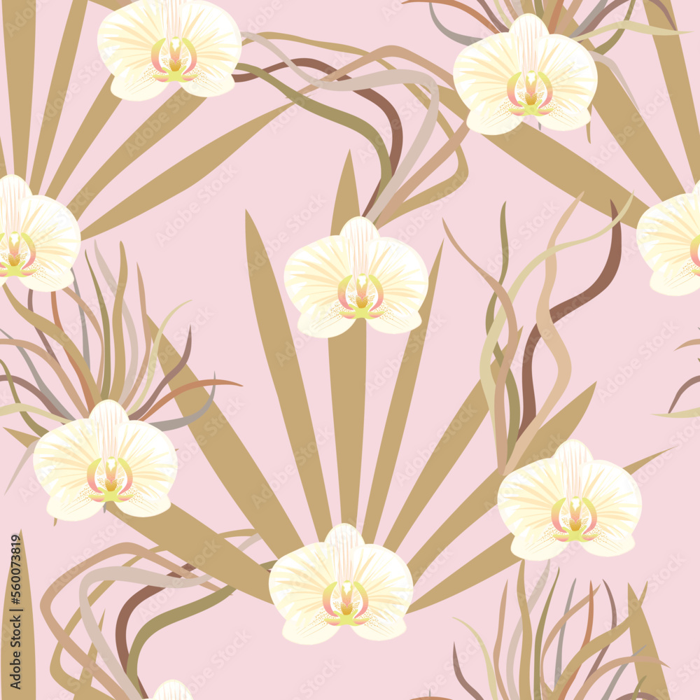 Exotic white orchid and leaves seamless pattern for textile, print ...