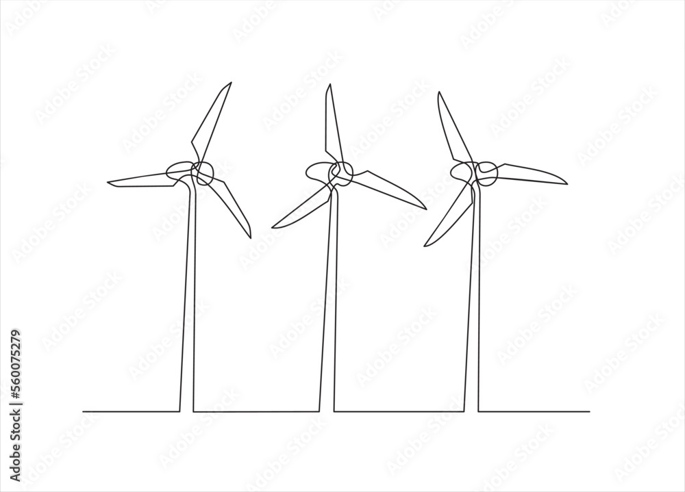 Wind energy in continuous line art drawing style. Wind turbines ...