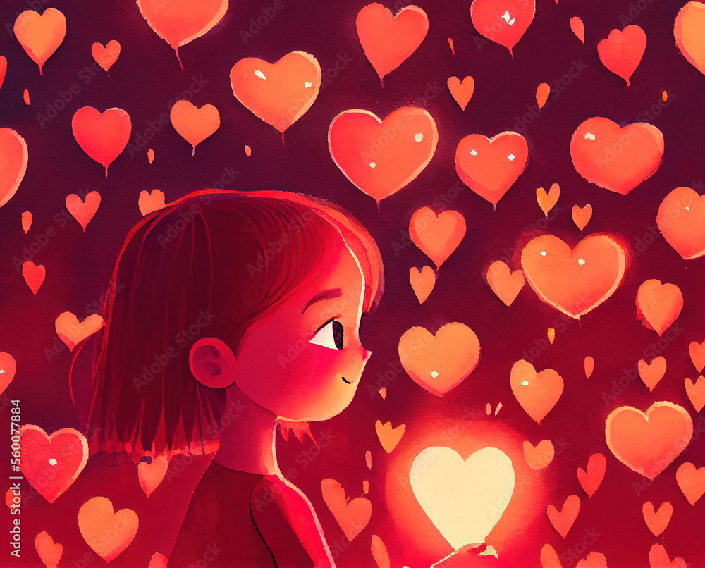Cute little girl holds glowing heart lantern and smiling among other ...