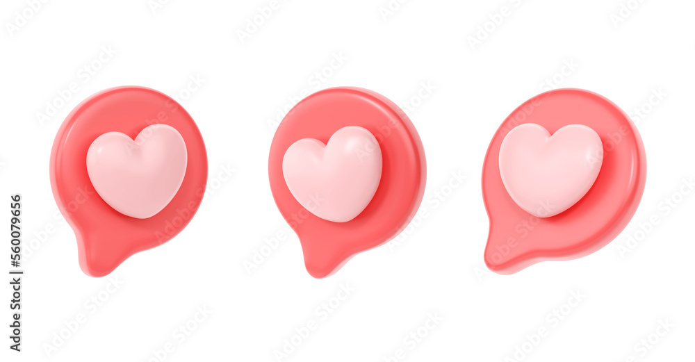 3d social media love heart icons render - message red bubble for chat ...