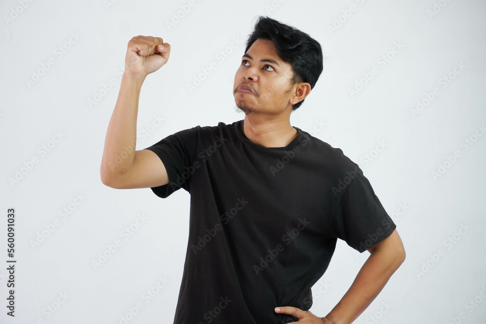 asian man show fist up feels positive or happy with successful wearing ...