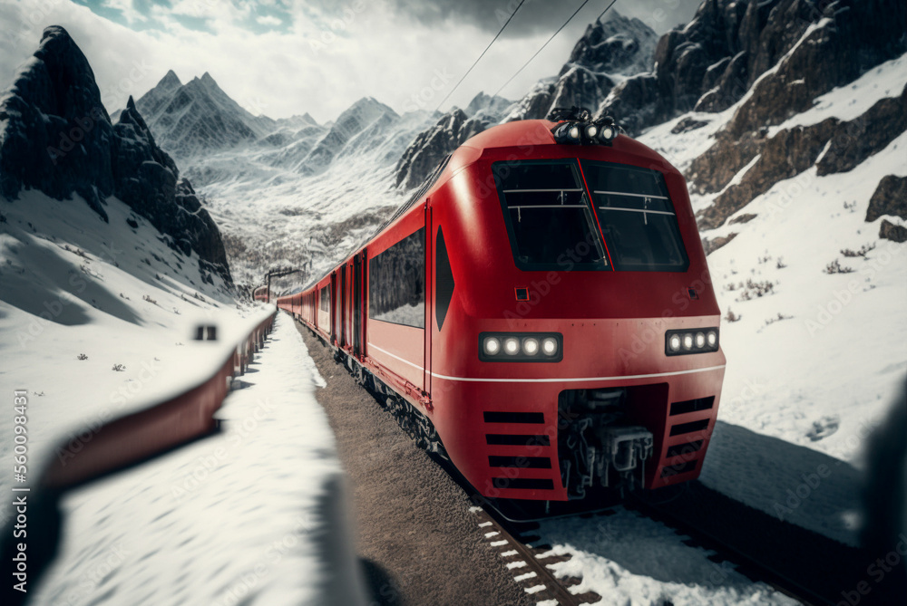 Beautiful red high speed train in snowy mountains at sunset in winter ...
