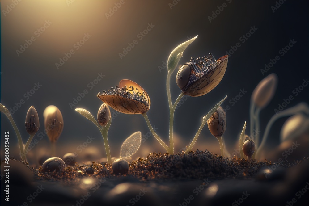 developing plant, Young plant with ground backdrop and dawn light, New ...