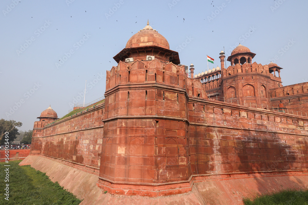 Red Fort Lal Qila with Indian flag flying. Delhi, India. Tricolor Flag ...