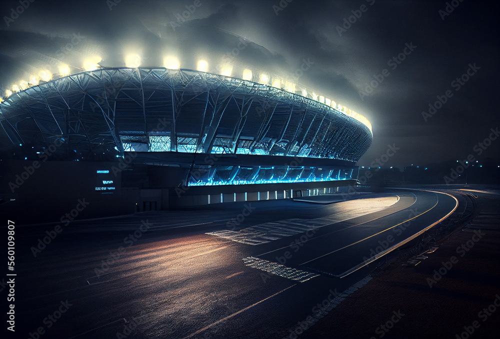 Football stadium with illumination and green grass. Soccer arena and ...