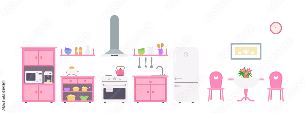 Pink kitchen with utensils, kitchen appliances and dining table on ...