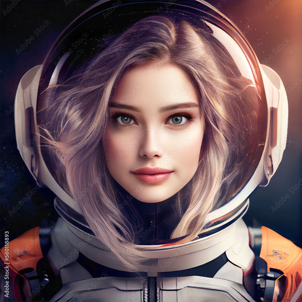 AI-generated illustration of a smiling female astronaut with a helmet ...
