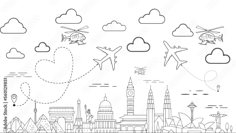 World travel tour line concept with famous culture landmarks. Tourism ...