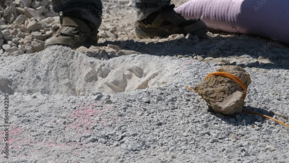 Holes drilled for quarry blast. Placing explosives in holes. The worker ...