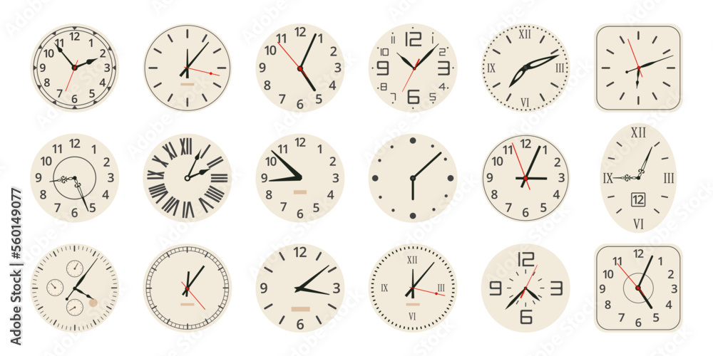 Cartoon watch faces. Analog vintage clocks, electronic and mechanical ... Cartoon watch faces. Analog vintage clocks, electronic and mechanical ...