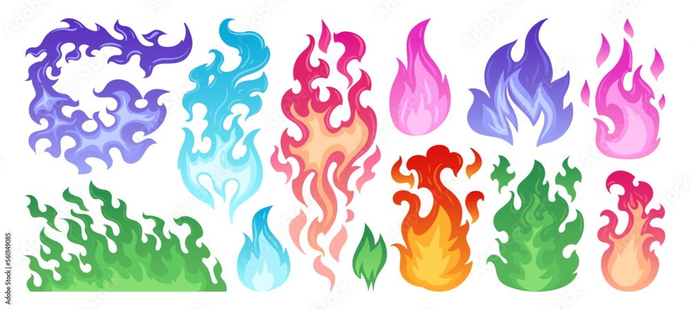 Cartoon colorful burning flames. Fireballs and bonfire, wildfire burn ...