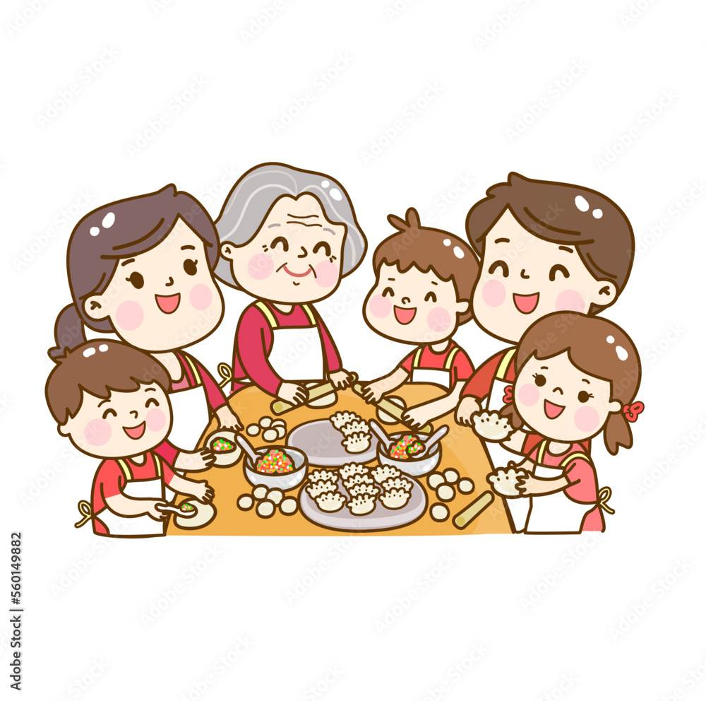 Cartoon family making Chinese dumpling. Stock Vector | Adobe Stock