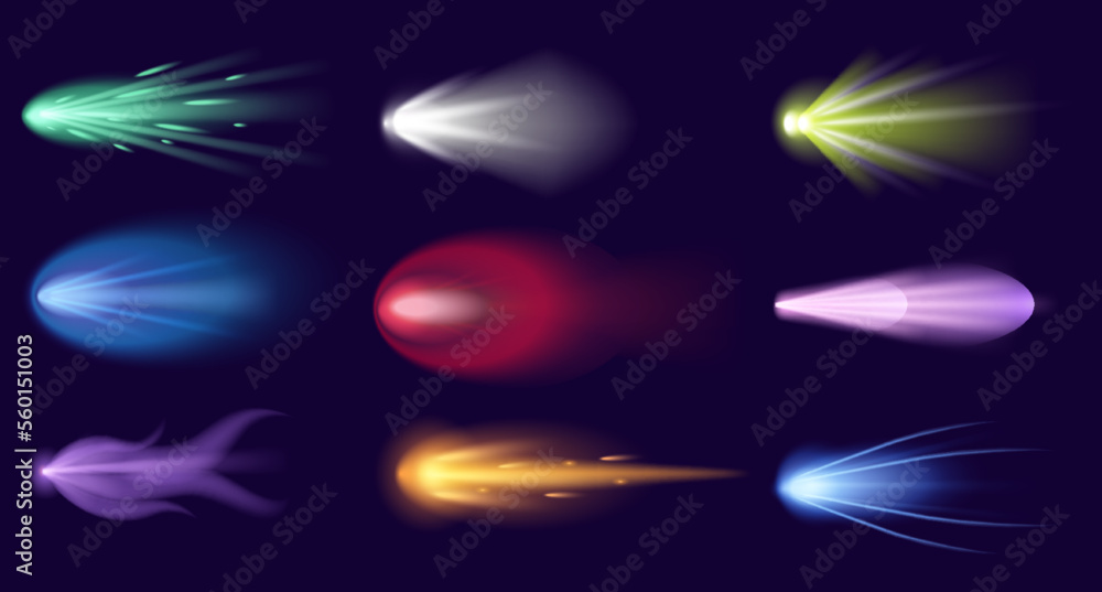 Meteors and comets. Set of neon space flying meteorites and asteroids ...