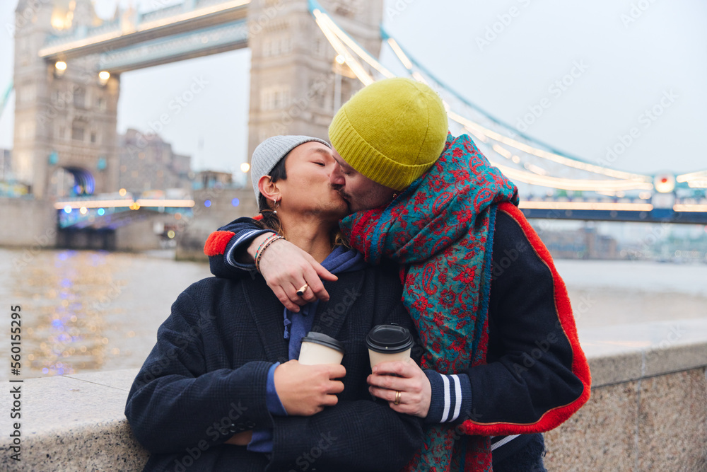 Young Happy Asian And Caucasian Same Sex Interracial Tourists Couple