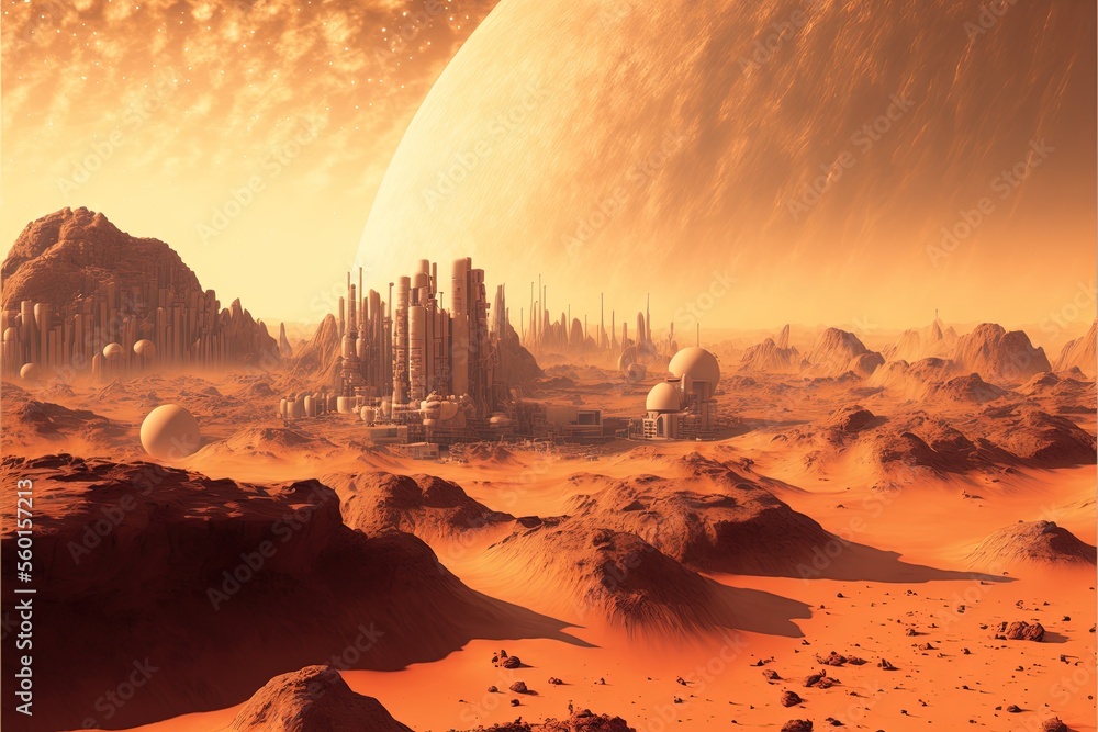 Fantastic alien landscape. A futuristic city in the middle of an orange ...