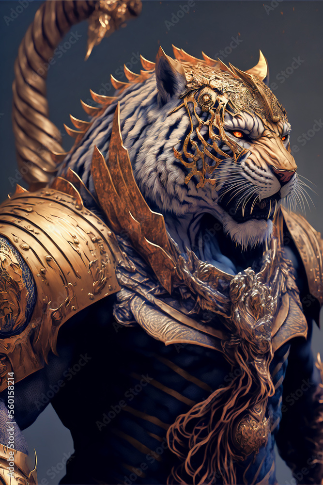 Tiger soldier warrior with golden armor. Generative AI Stock ...