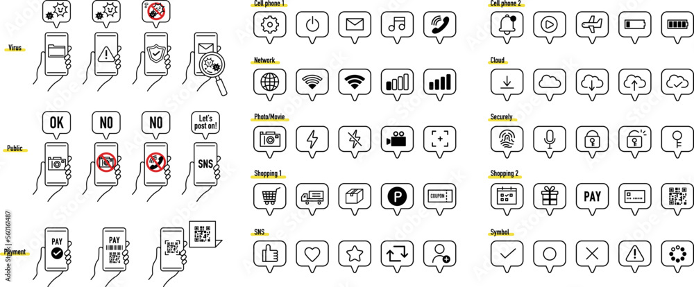 Smartphone icon set. Virus and hacking countermeasures. Electronic ...