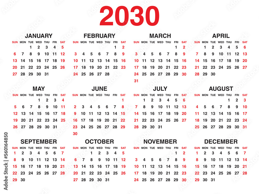Calendar 2030 year vector illustration, Set of 12 calendar, week starts ...