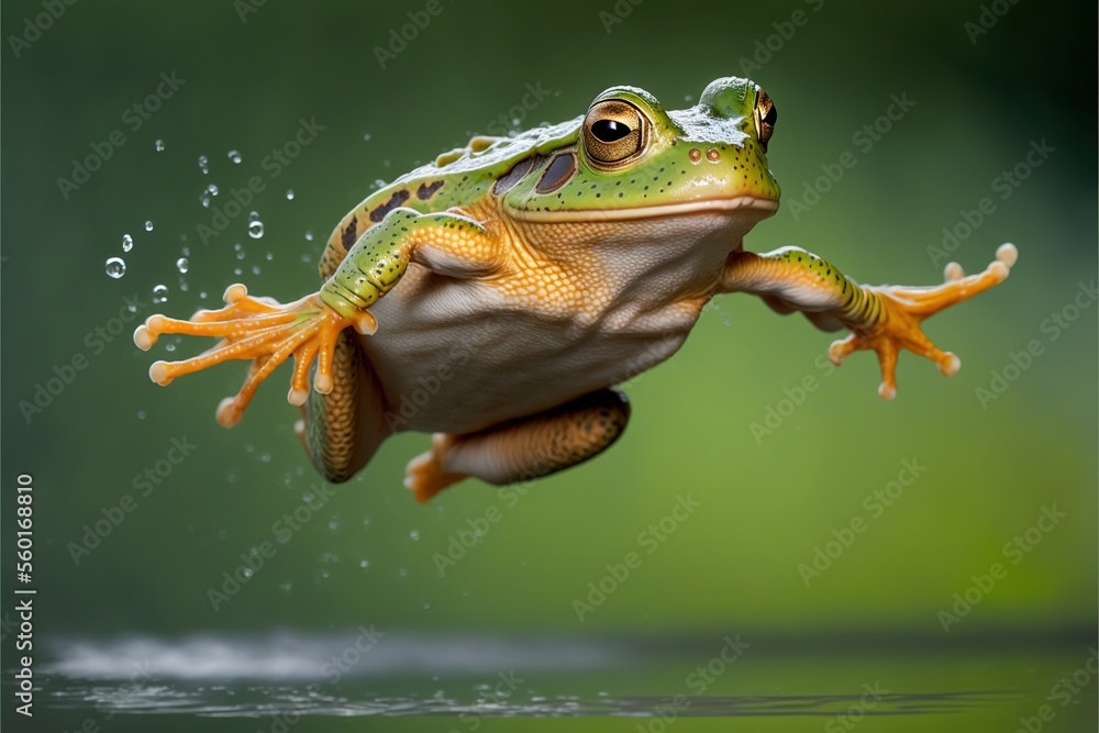 a frog is jumping into the water with its legs spread out and it's head ...