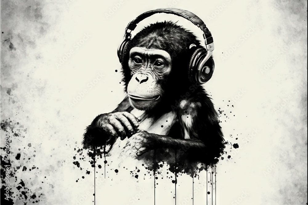 a monkey with headphones on its head and dripping paint on it's face ...