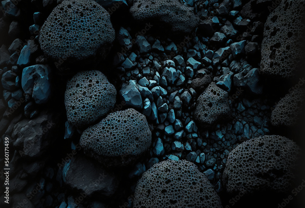 a black and white photo of rocks and gravel with a blue background that ...