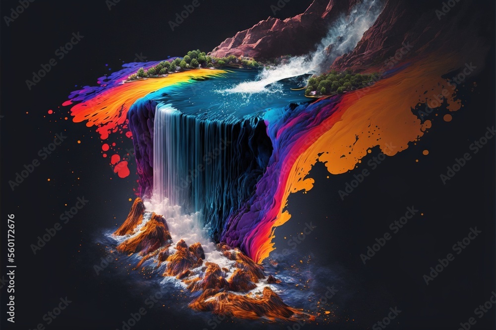 a waterfall with a rainbow colored waterfall flowing down it's side and ...