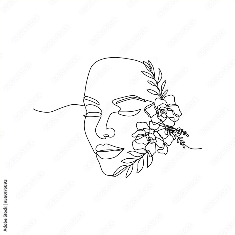 Continuous line drawing of Beautiful Woman's face with flowers. Nature ...