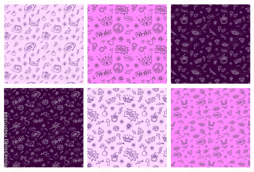 2000s emo girl kawaii style seamless patterns set. texture background ...
