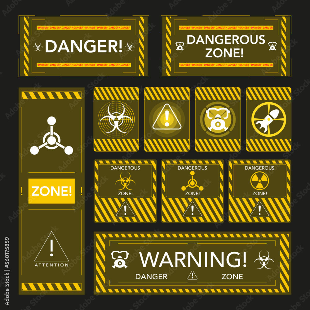 Warning windows about radiation hazard. High voltage and nuclear ...