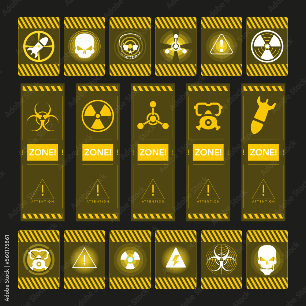 Warning windows about radiation hazard. High voltage and nuclear ...