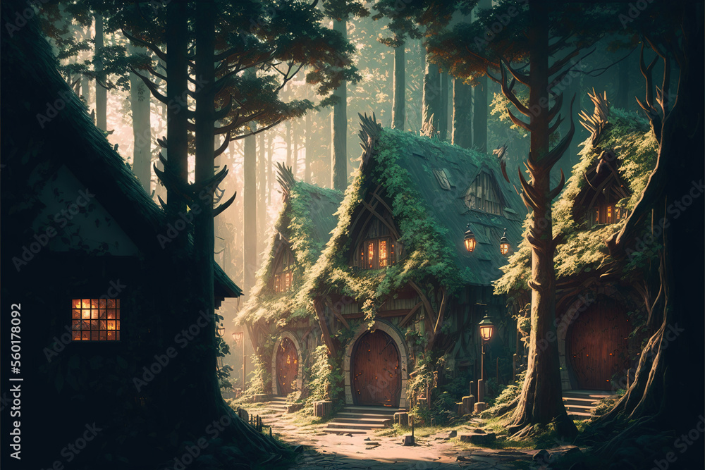 fantasy forest, village, firs, fern, fairy tale, elven, art ...