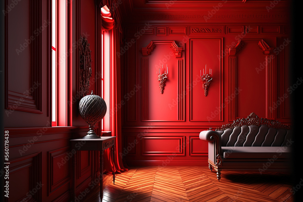 Red interior design idea. Classic interior with classic furniture and copy space. walls that ...