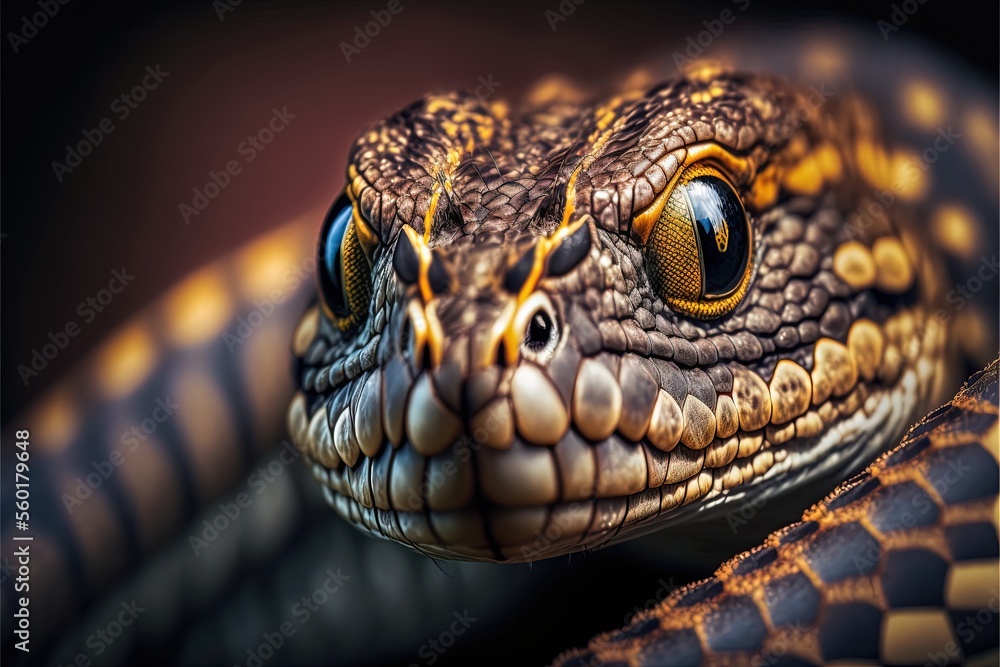 a close up of a snake's head with a black background and a checkered ...