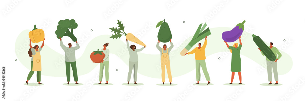Casual people illustration set. Characters carrying avocado, broccoli ...