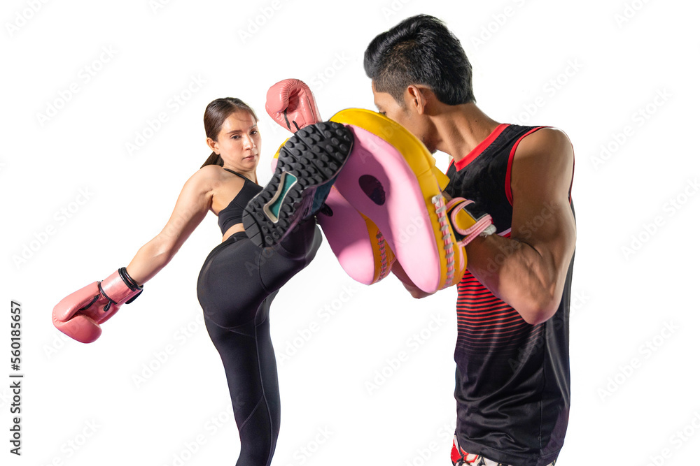 Asian beautiful young woman exercise with trainer at boxing gloves and ...