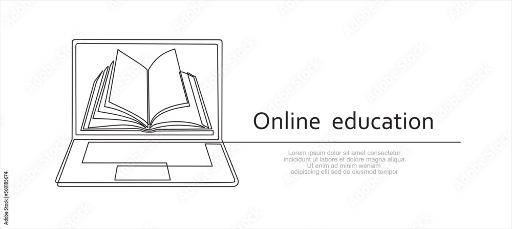 Continuous line drawing or one line drawing of a book on a computer ...