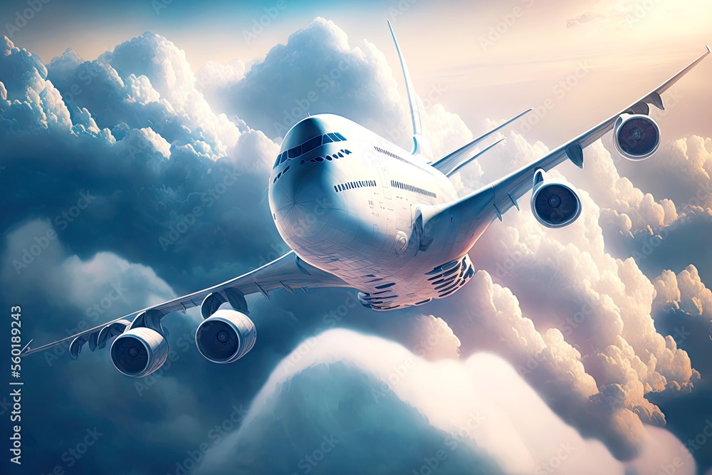 beaful large passenger aircraft has gained altitude and flies among ...