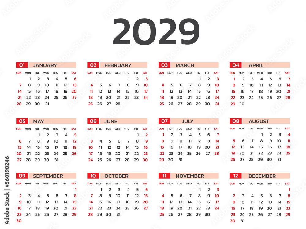 Calendar 2029 year vector illustration, Set of 12 calendar, week starts ...