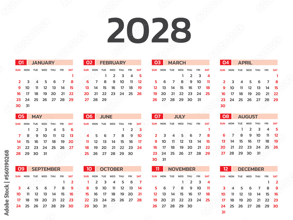 Calendar 2028 year vector illustration, Set of 12 calendar, week starts ...