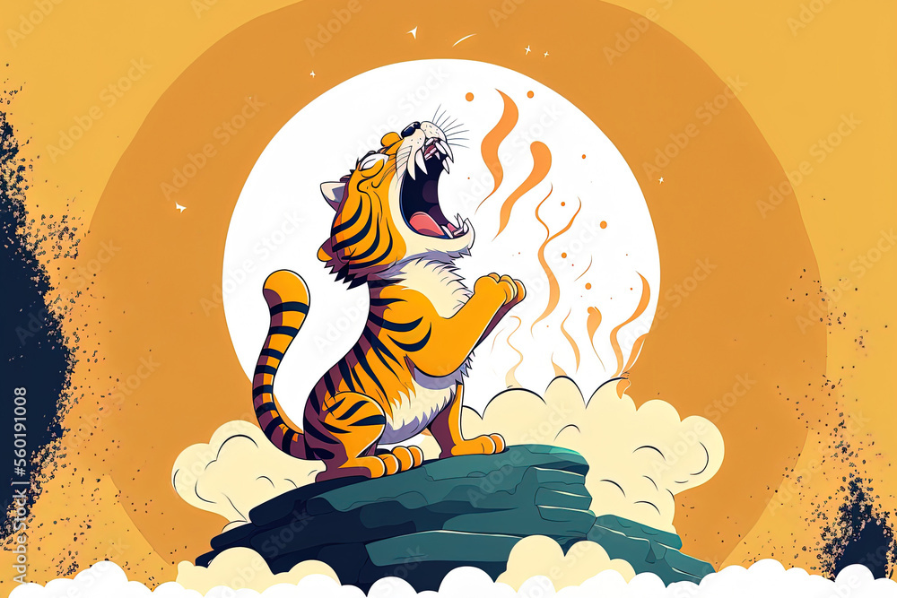 Cute tiger howling in a cartoon depiction of an animal in the natural ...