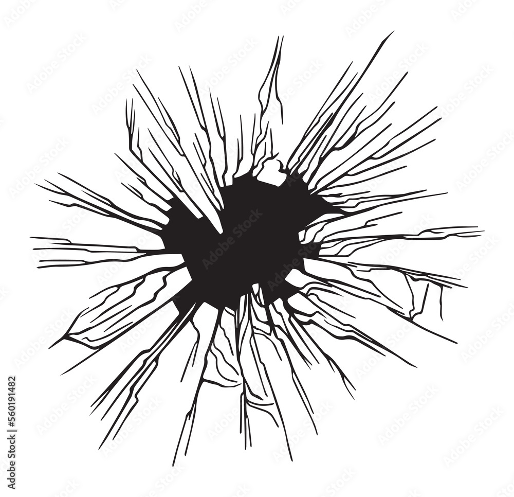 Broken glass effect with cracked black bullet hole with cracks. Vector ...