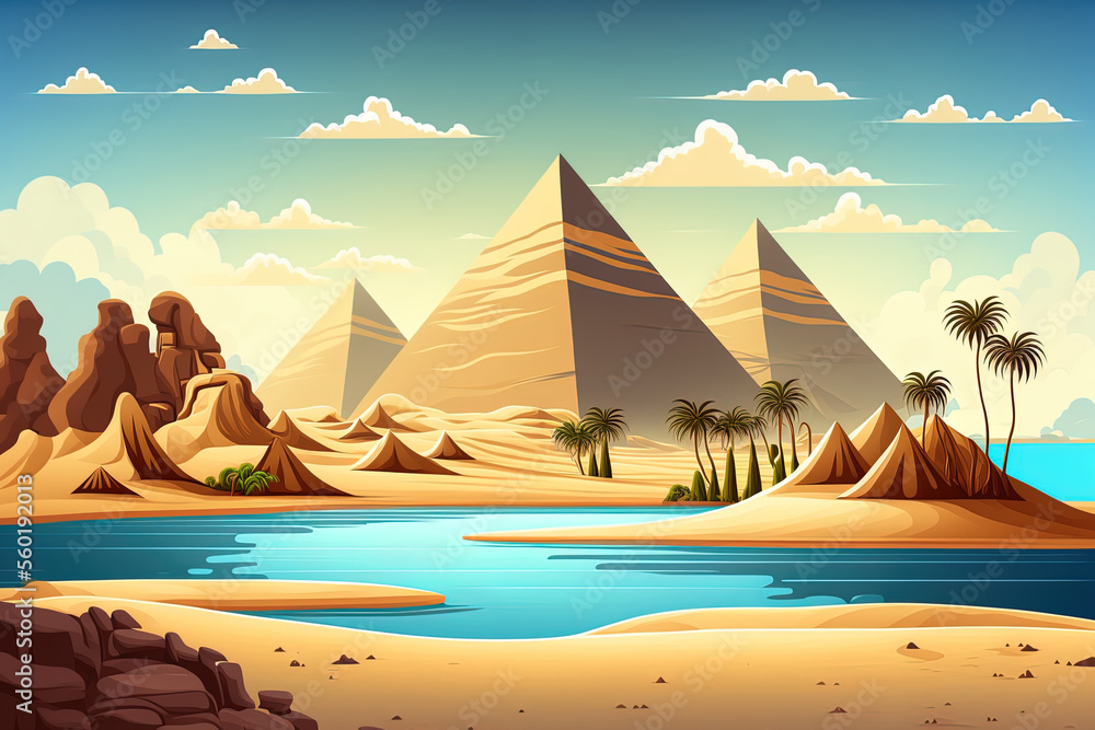 Pyramids and a river in the Egyptian desert. Cartoon scene with golden ...