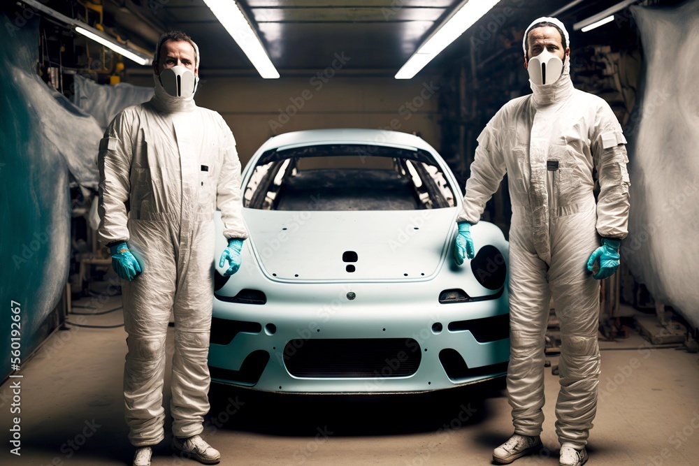 masters of automotive industry in special suits stand in front of body ...