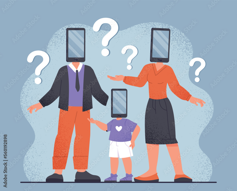 Addiction to gadgets. Man and woman with smartphones instead of heads ...