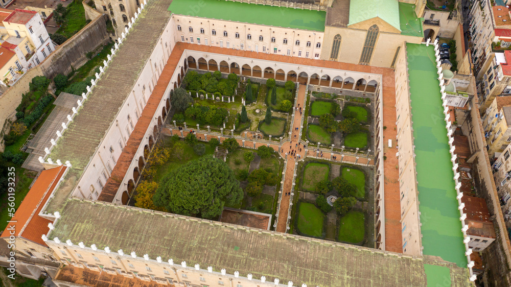 Aerial closeup of the cloister of the Basilica of Santa Chiara, a ...
