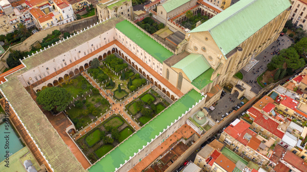 Aerial view of the Basilica of Santa Chiara, a religious complex in Naples, Italy. The building ...