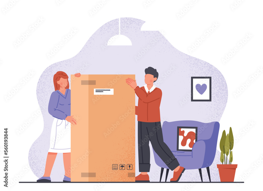 Moving to new home. Man and woman with cardboard box in apartment ...