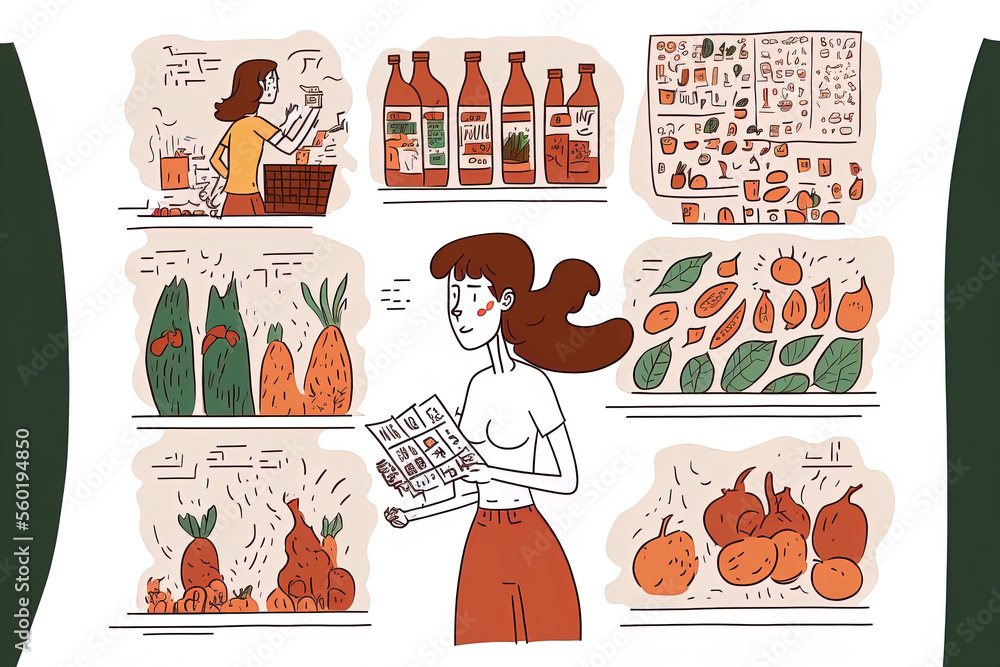 Woman purchasing meat, produce, and fruits at the supermarket stick ...