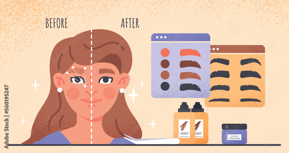 Concept of microblading. Young girl corrects her face with help of ...